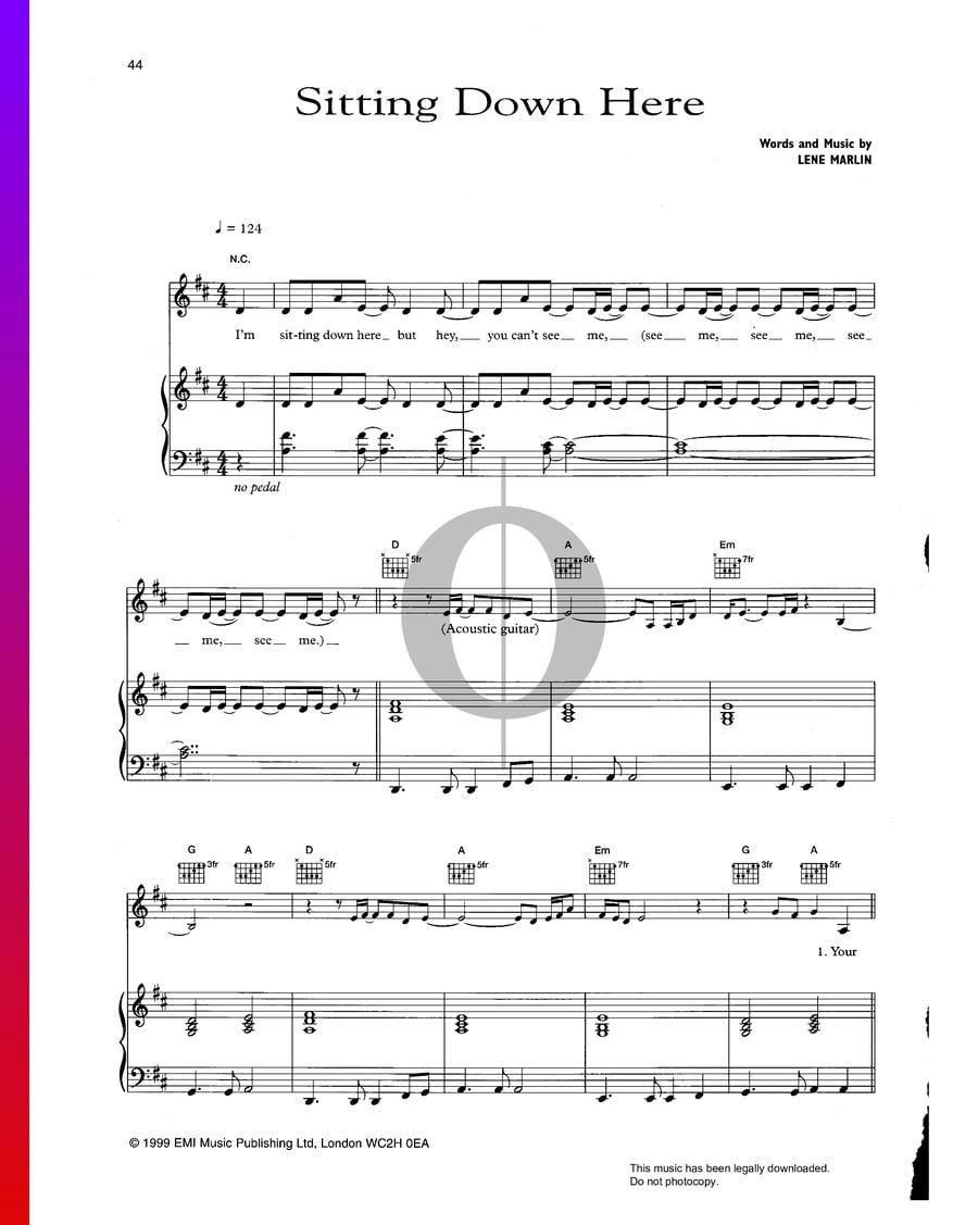 Sitting Down Here (Lene Marlin) Piano Sheet Music - OKTAV