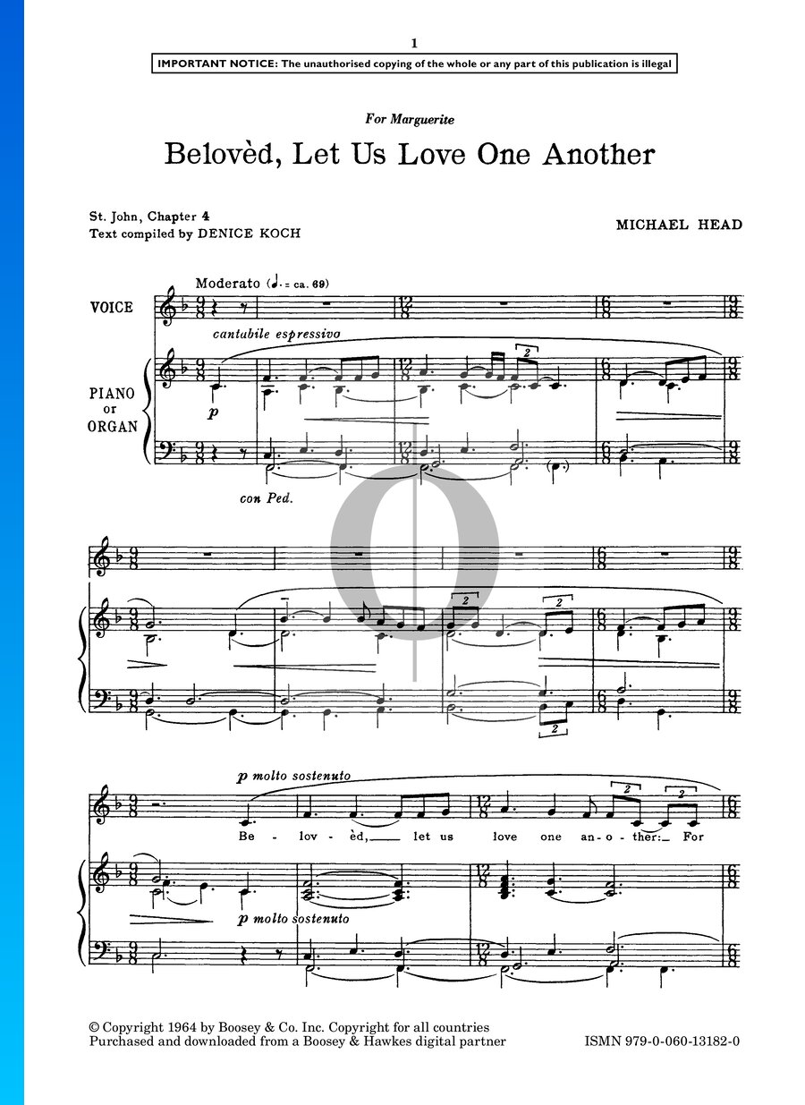 Belovèd, Let Us Love One Another (Michael Head) Piano Sheet Music - OKTAV