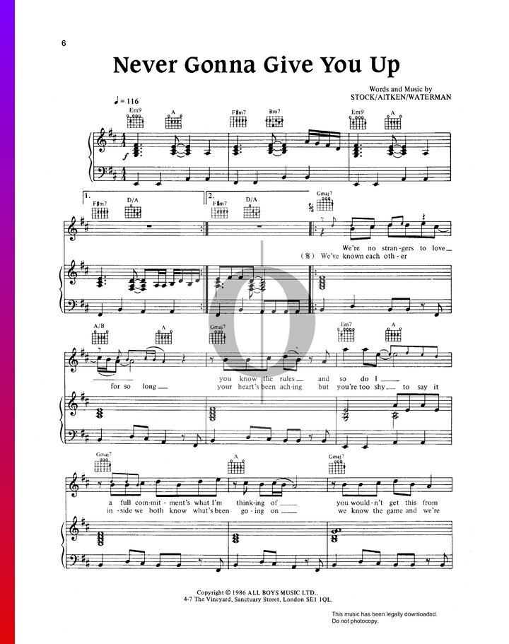 Never Gonna Give You Up (Rick Astley) Piano Sheet Music - OKTAV