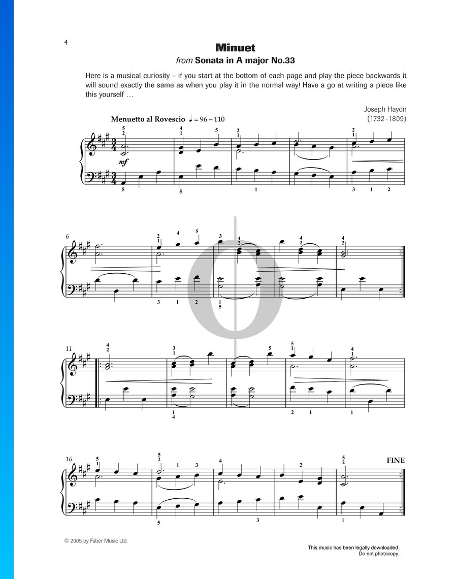 Sonate in A-Dur, Nr. 33: Minuet Klaviernoten (Franz Joseph Haydn) - OKTAV