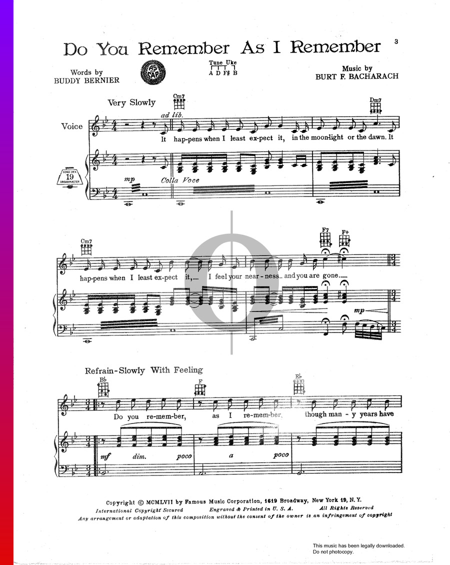 Do You Remember As I Remember (Burt Bacharach) Piano Sheet Music - OKTAV