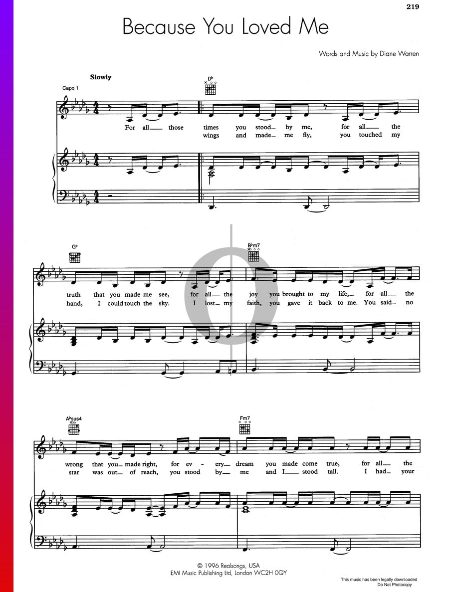Because You Loved Me Sheet Music (Piano, Voice, Guitar) - PDF Download & Streaming - OKTAV