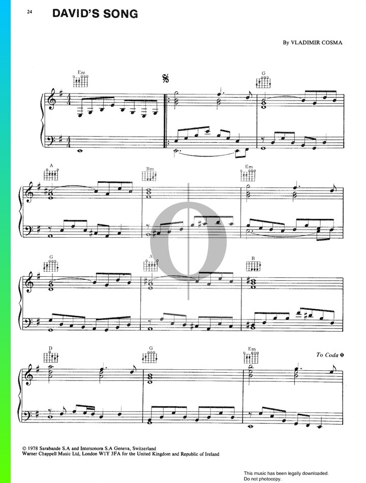 David's Song Piano Sheet Music from Kidnapped by Vladimir Cosma - OKTAV