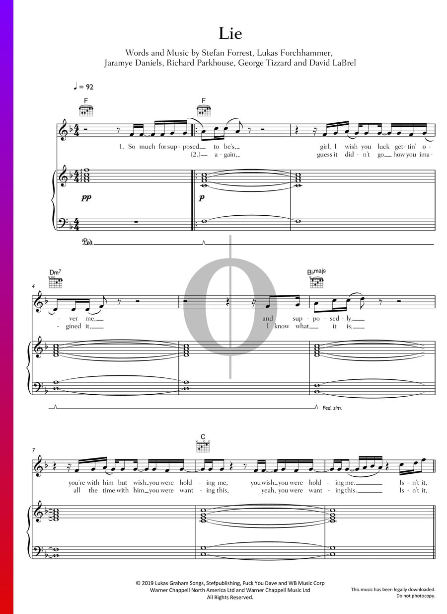 Lie (Lukas Graham) Piano Sheet Music - OKTAV