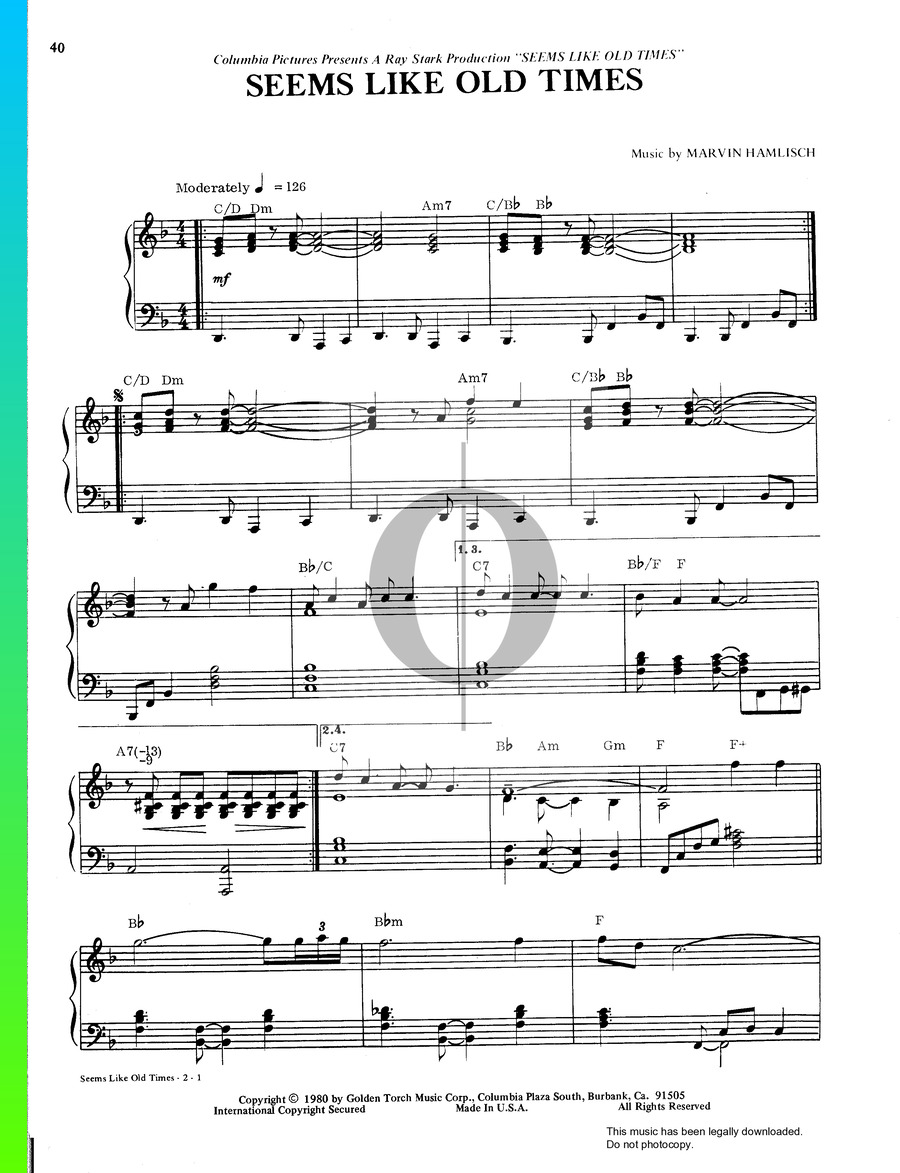 Seems Like Old Times Piano Sheet Music from Seems Like Old Times by ...