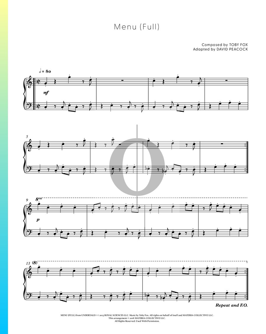 Menu (Full) (Toby Fox) Piano Sheet Music - OKTAV