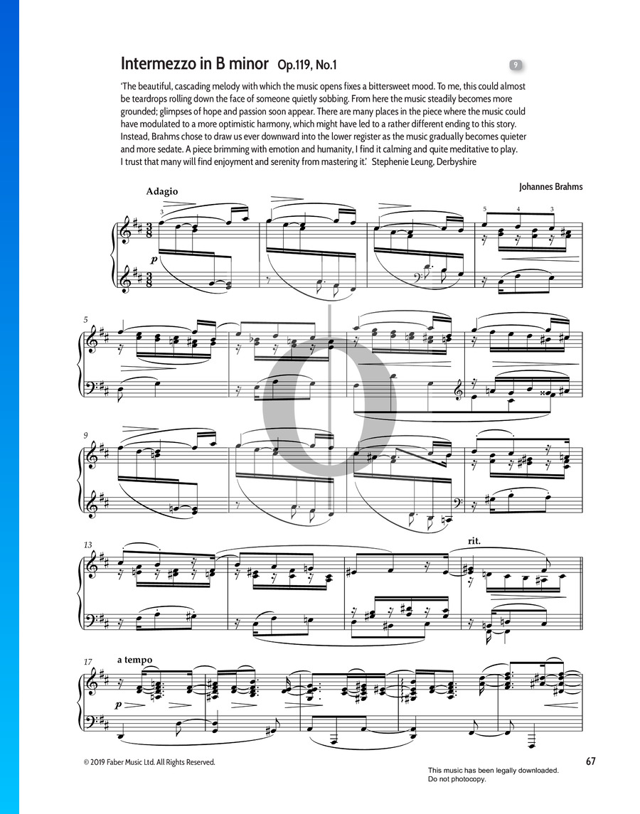 Intermezzo in B Minor, Op. 119 No. 1 (Johannes Brahms) Piano Sheet ...