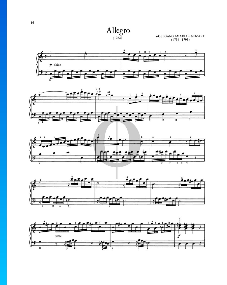 Allegro in C Major, K.9a / 5a (Wolfgang Amadeus Mozart) Piano Sheet ...