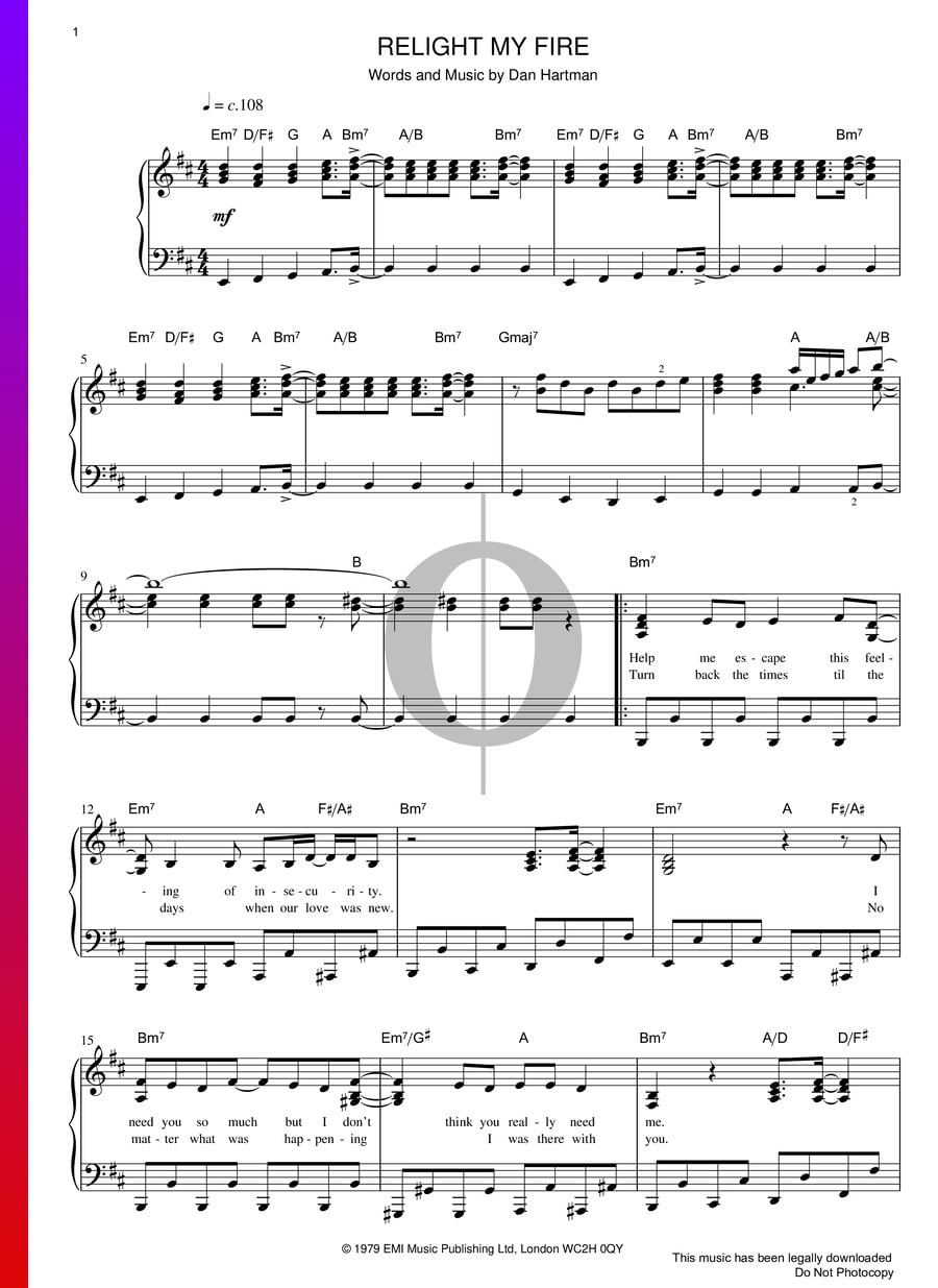 Relight My Fire (Dan Hartman) Piano Sheet Music - OKTAV