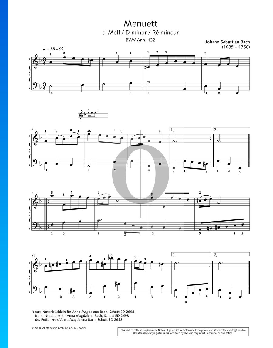 Menuet D Minor, BWV Anh. 132 (Johann Sebastian Bach) Piano Sheet Music - OKTAV