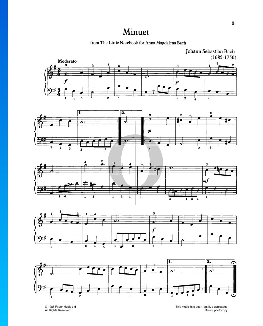 Notenbüchlein für Anna Magdalena Bach: Minuet in G-Dur Klaviernoten ...