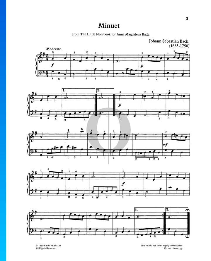 The Little Notebook for Anna Magdalena Bach: Minuet in G Major (Johann ...