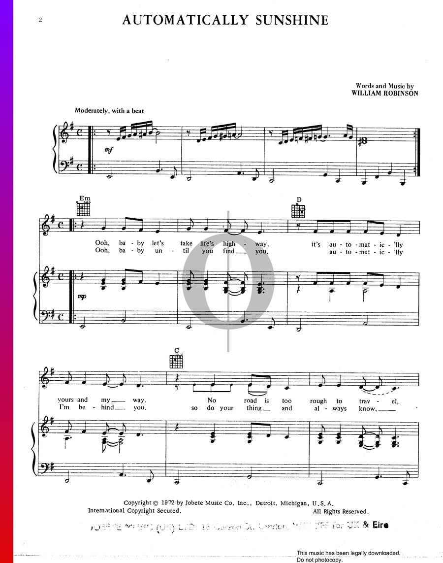 Automatically Sunshine (The Supremes) Piano Sheet Music - OKTAV