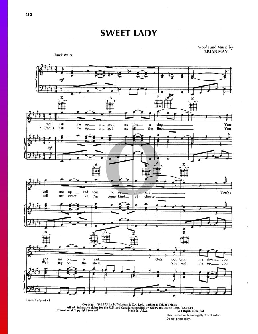 Sweet Lady (Queen) Piano Sheet Music - OKTAV