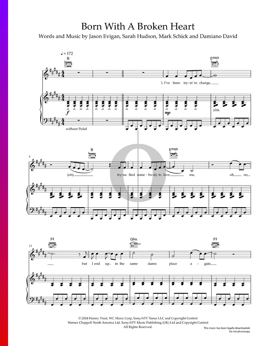 Born With A Broken Heart » Damiano David - Partitions de piano - OKTAV