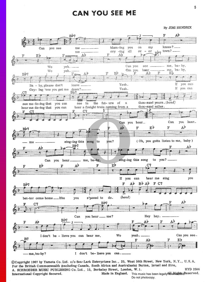 Can You See Me (Jimi Hendrix) Piano Sheet Music - OKTAV