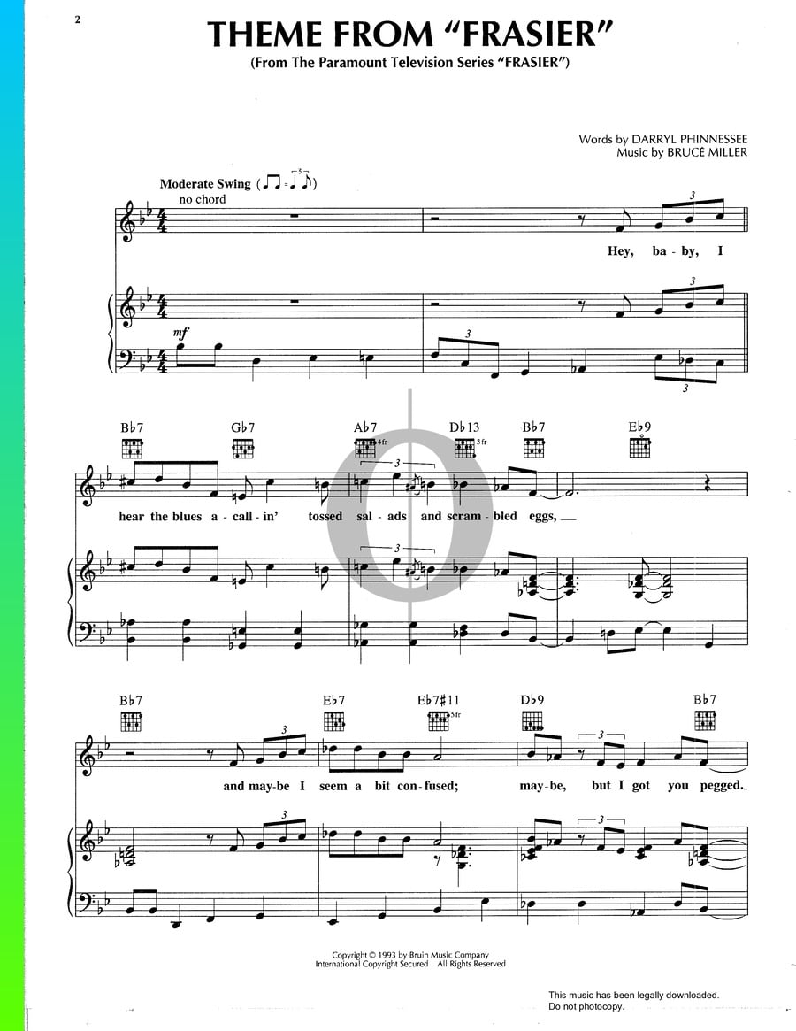 Theme From 'Frasier' Piano Sheet Music from Frasier by Kelsey Grammer ...