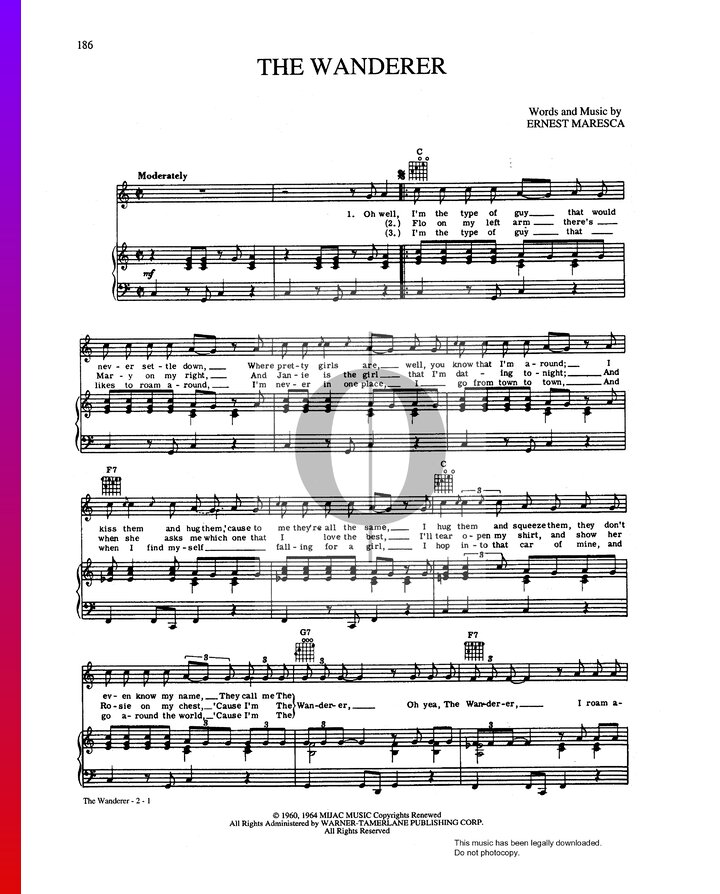 The Wanderer (Dion and the Belmonts) Piano Sheet Music - OKTAV