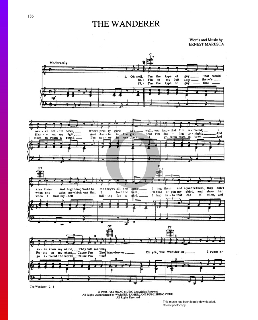The Wanderer (Dion and the Belmonts) Piano Sheet Music - OKTAV