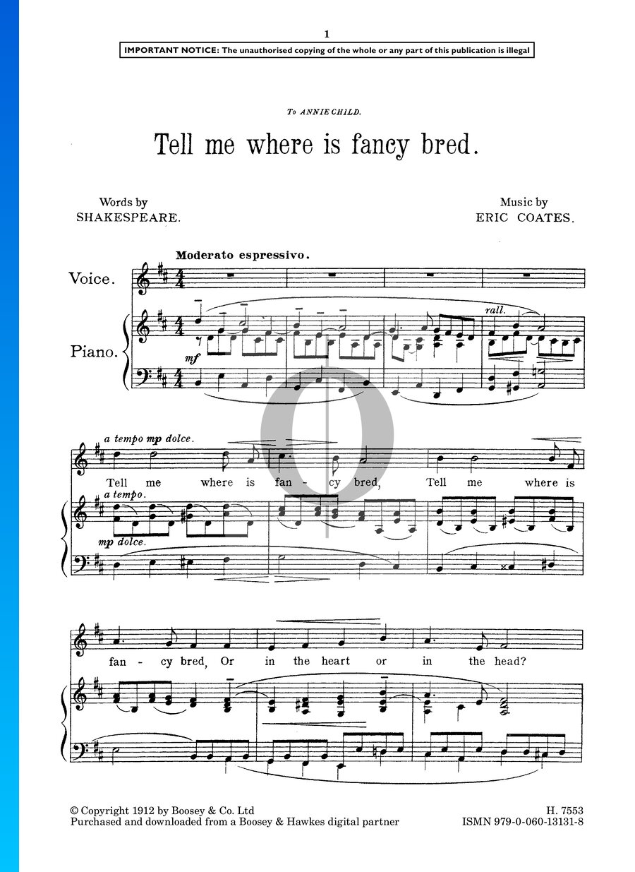 Tell Me Where Is Fancy Bred (Eric Coates) Piano Sheet Music - OKTAV