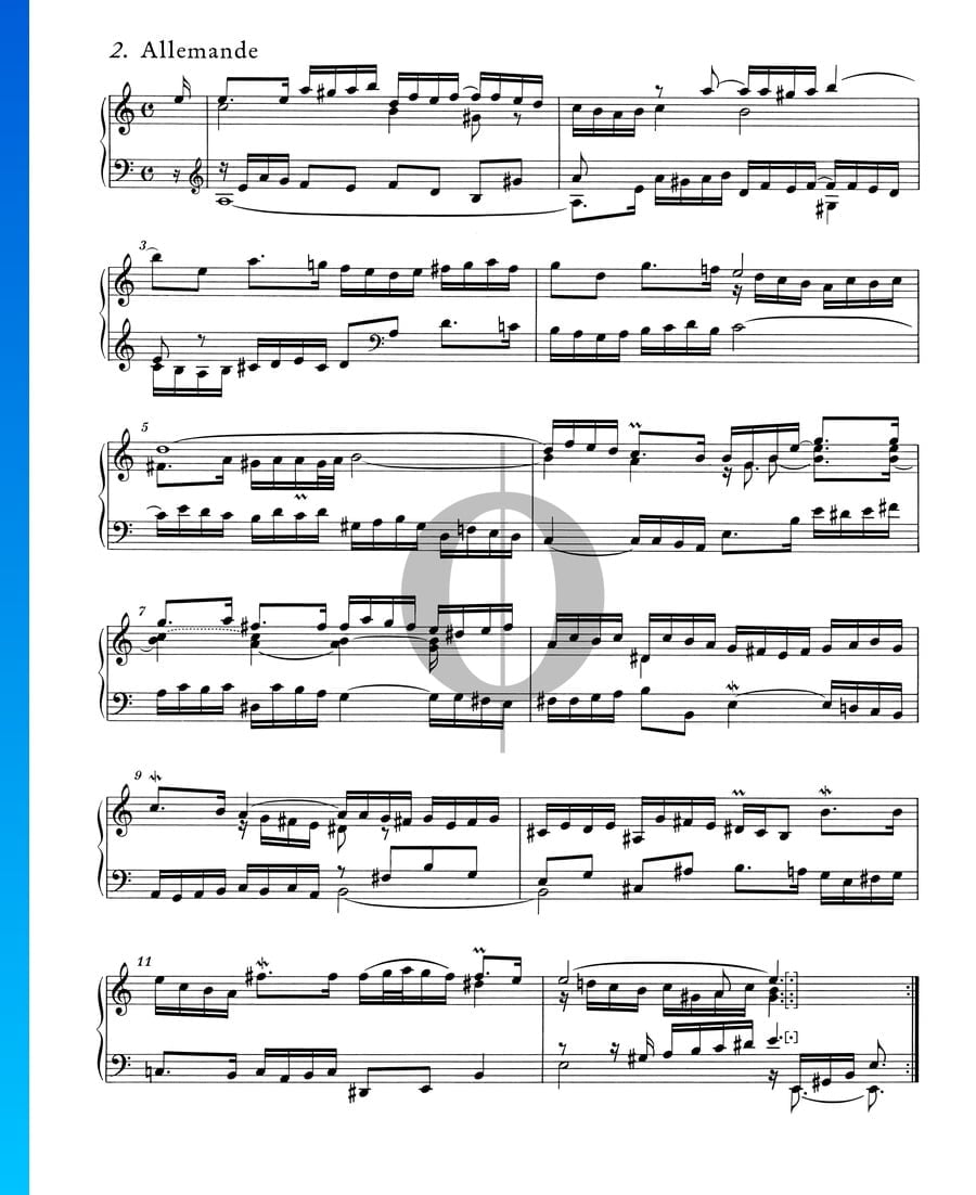 Englische Suite Nr. 2 a-Moll, BWV 807: 2. Allemande Klaviernoten (Johann Sebastian Bach) - OKTAV