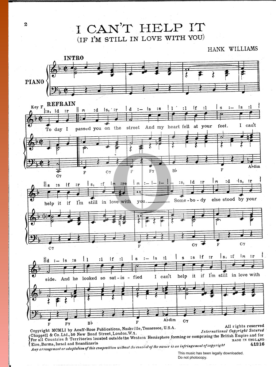 I Can't Help It (If I'm Still In Love With You) (Hank Williams) Piano ...