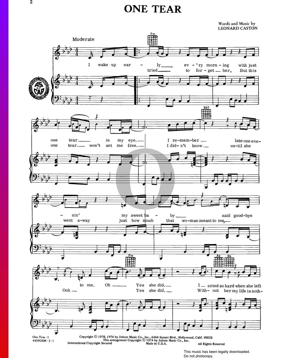 One Tear (Eddie Kendricks) Piano Sheet Music - OKTAV