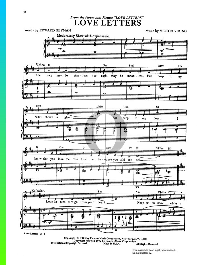 Love Letters Piano Sheet Music from Love Letters by Victor Young - OKTAV