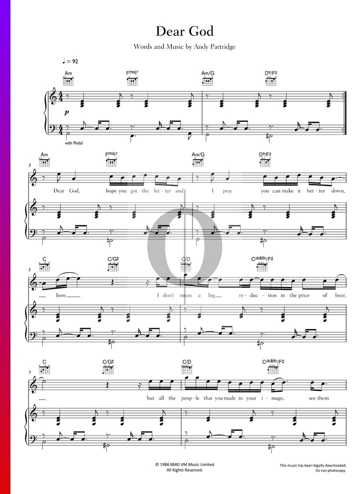 Dear God (XTC) Piano Sheet Music - OKTAV