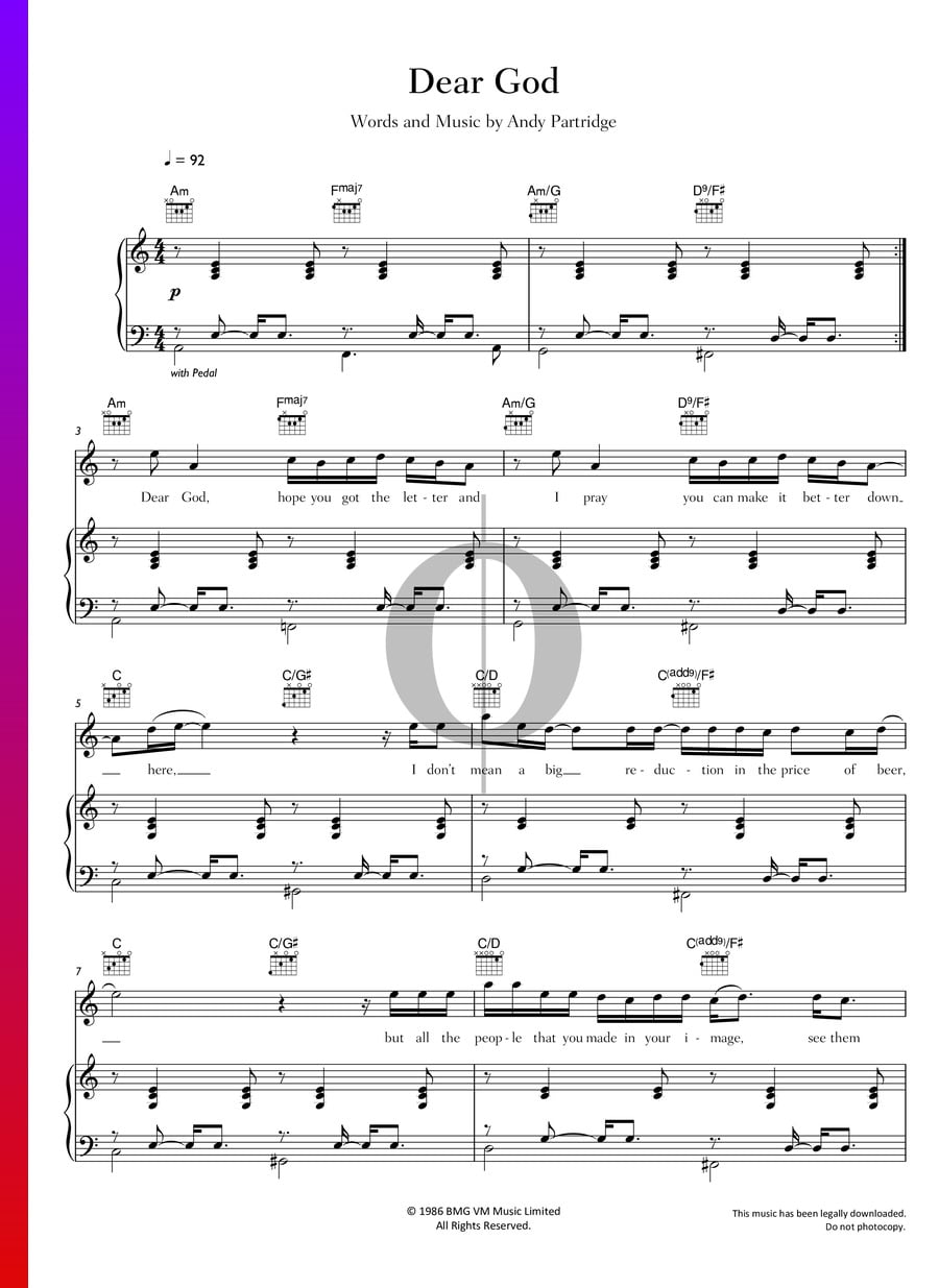 Dear God (XTC) Piano Sheet Music - OKTAV