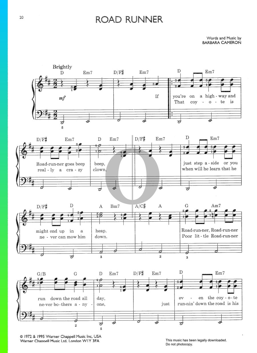 Road Runner Piano Sheet Music from The Road Runner Show by Barbara ...