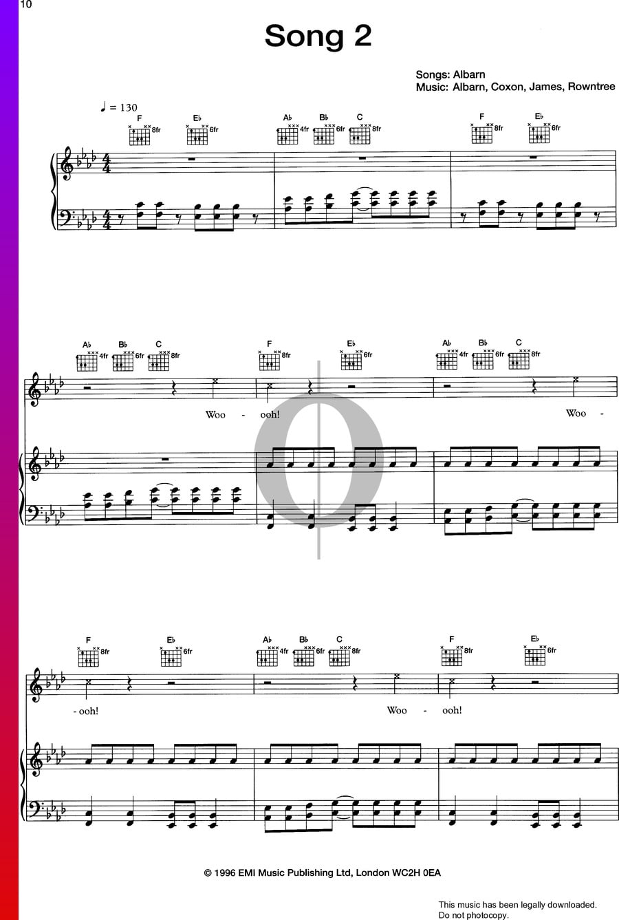 Song 2 (Blur) Piano Sheet Music - OKTAV