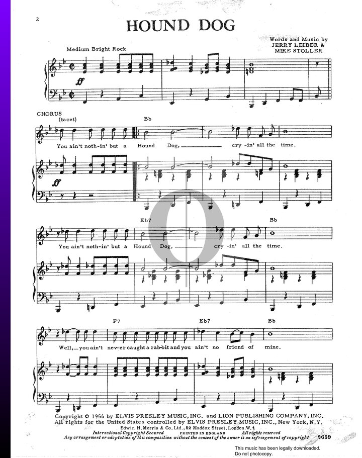Hound Dog (Big Mama Thornton) Piano Sheet Music - OKTAV