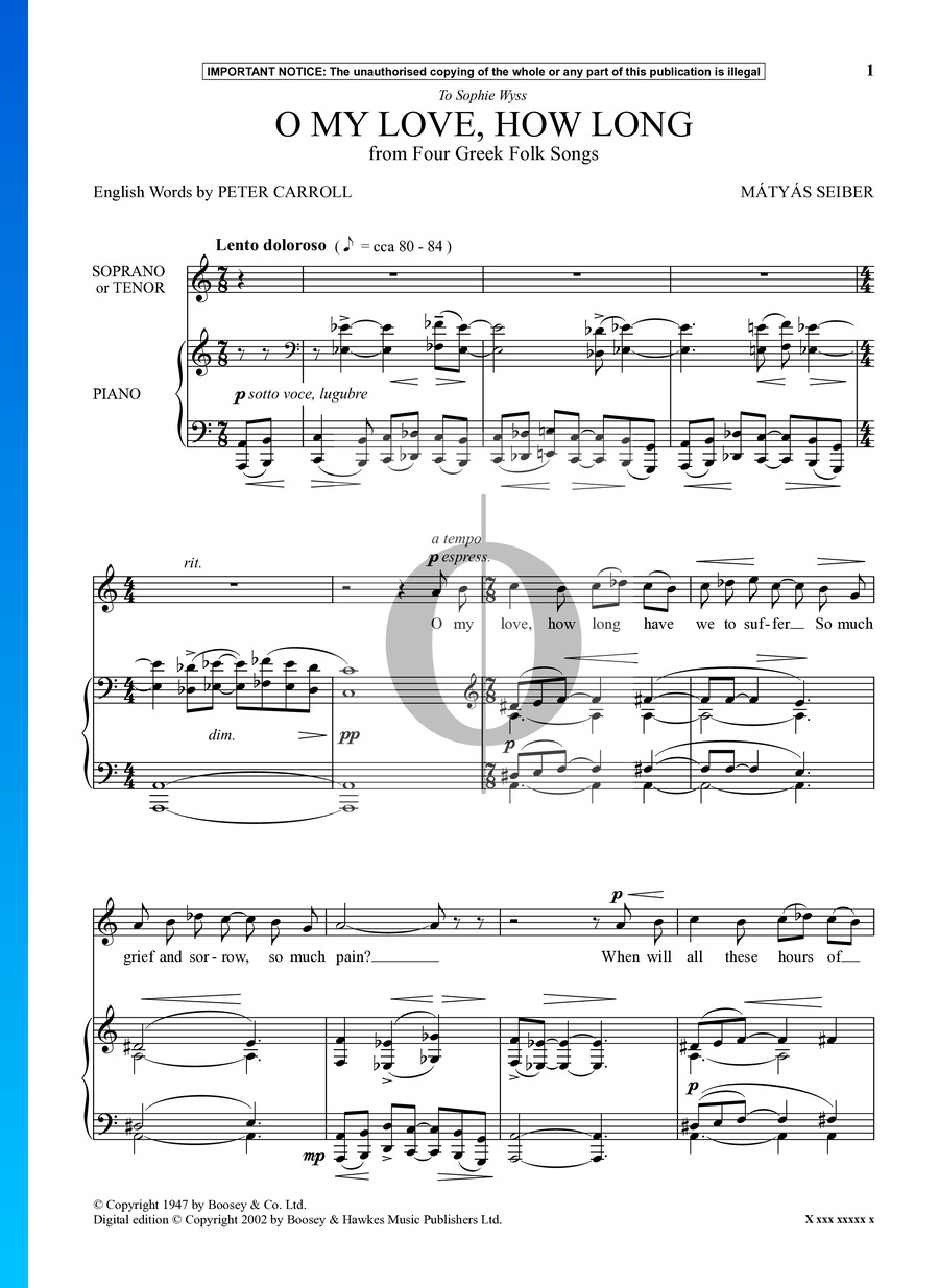 Four Greek Folk Songs: O My Love, How Long (Mátyás Seiber) Piano Sheet ...