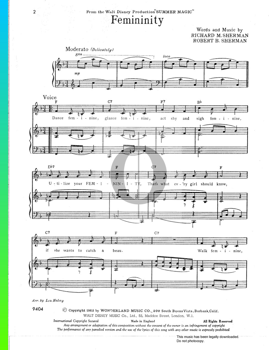 Femininity Piano Sheet Music from Summer Magic by Robert B. Sherman ...