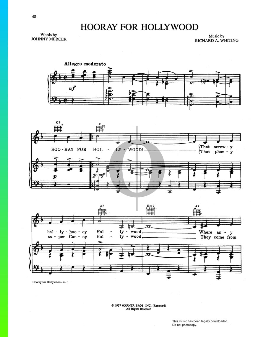 Hooray For Hollywood Piano Sheet Music from Hollywood Hotel by Richard ...