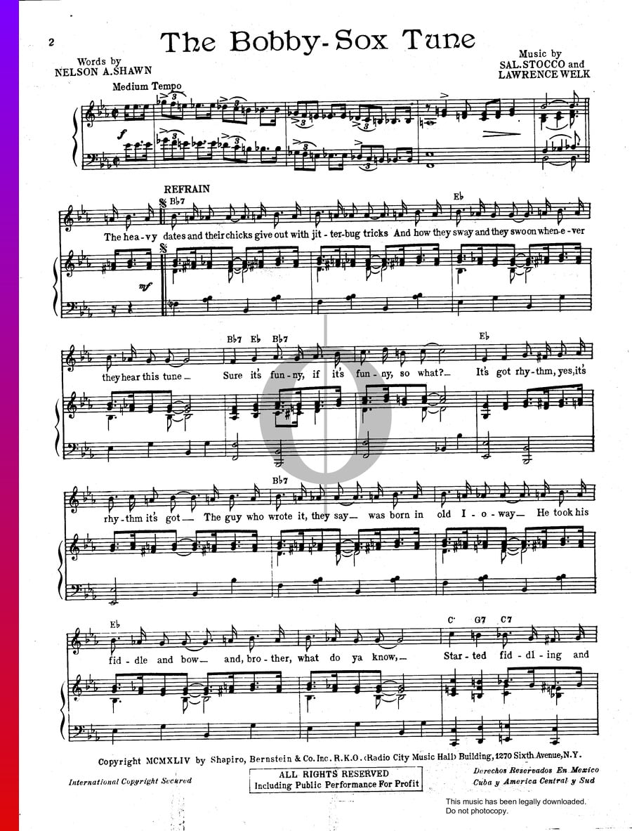 The Bobby-Sox Tune (Lawrence Welk) Piano Sheet Music - OKTAV