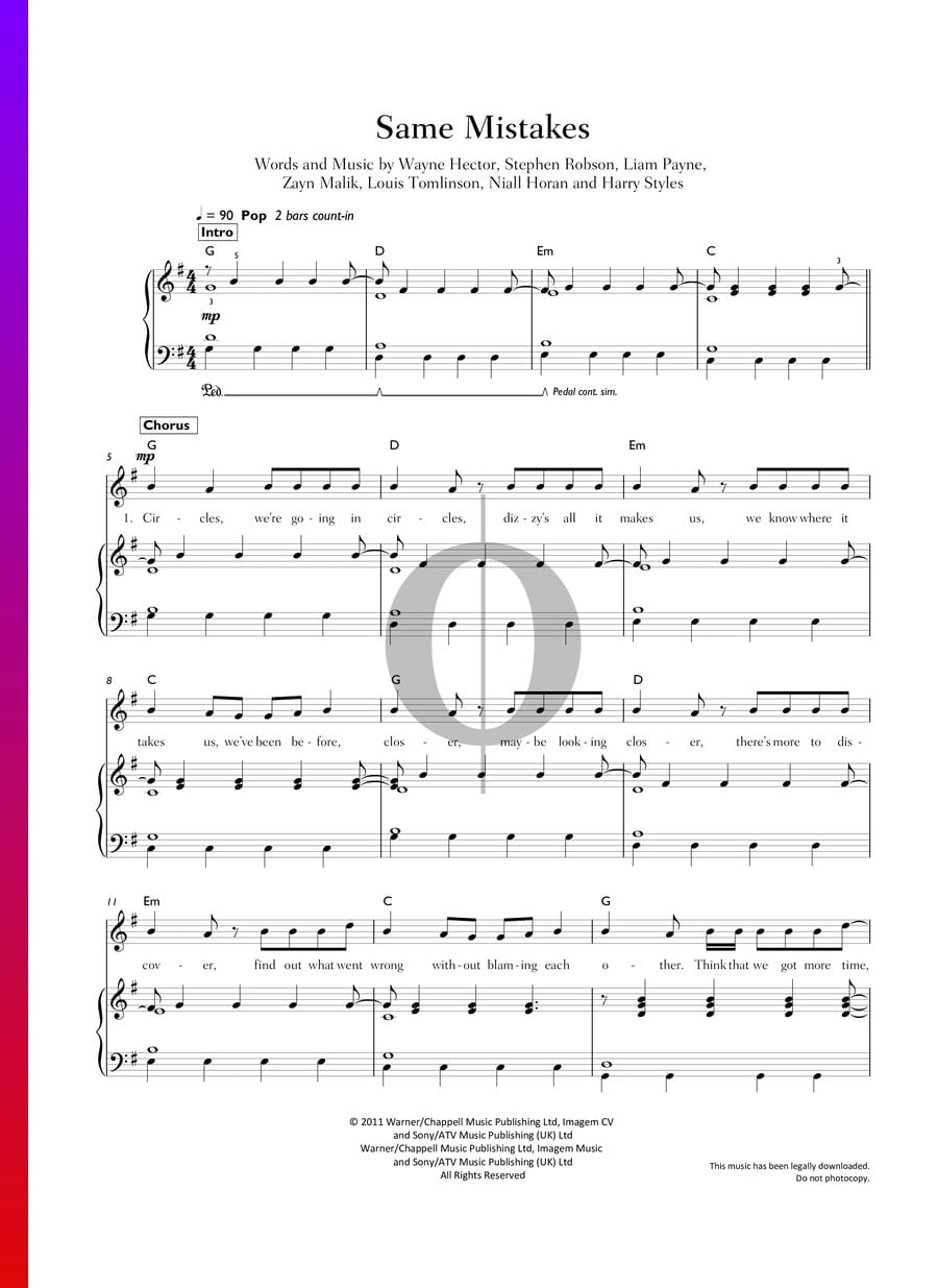 Same Mistakes (One Direction) Piano Sheet Music - OKTAV