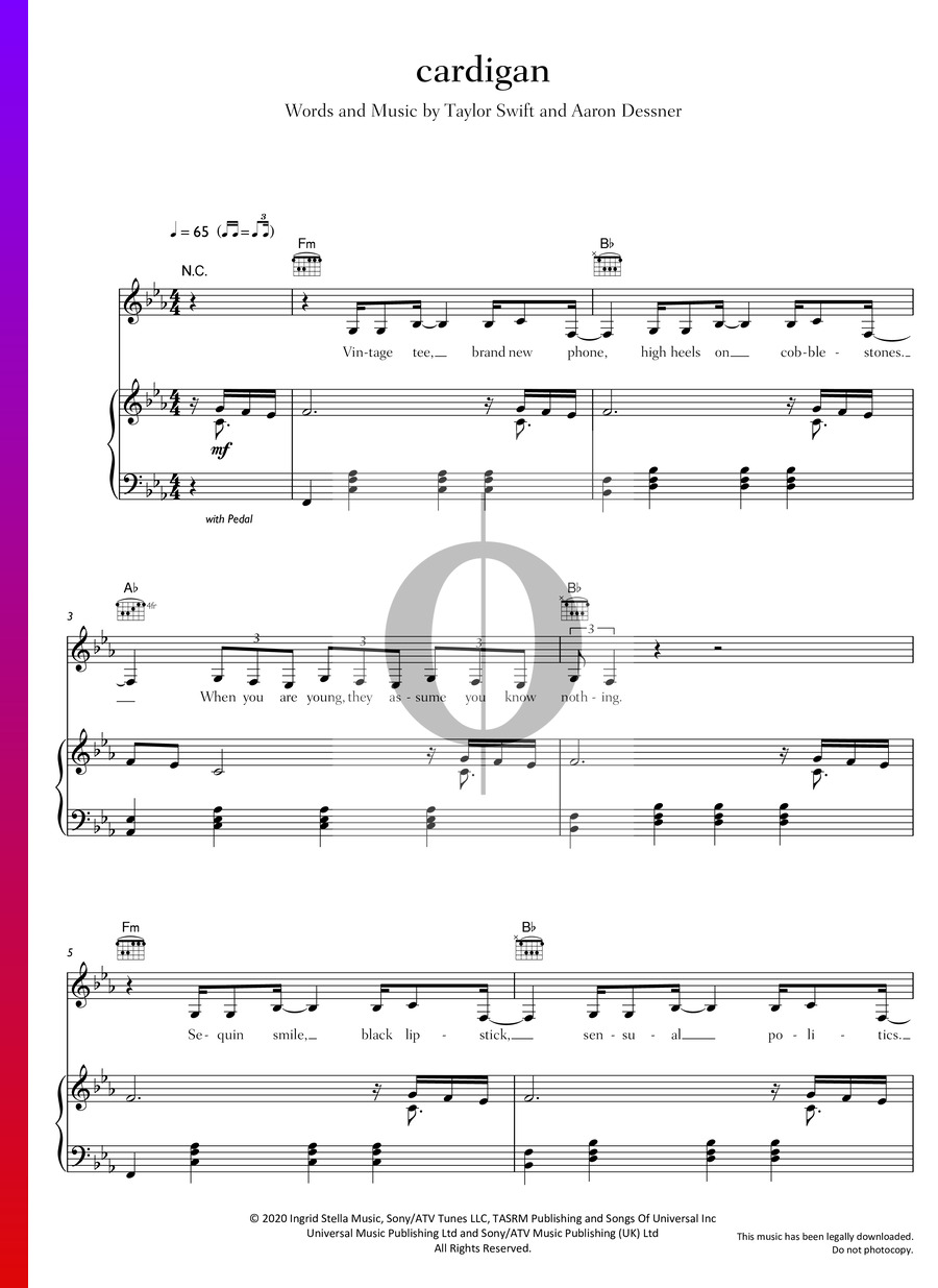 cardigan (Taylor Swift) Piano Sheet Music - OKTAV