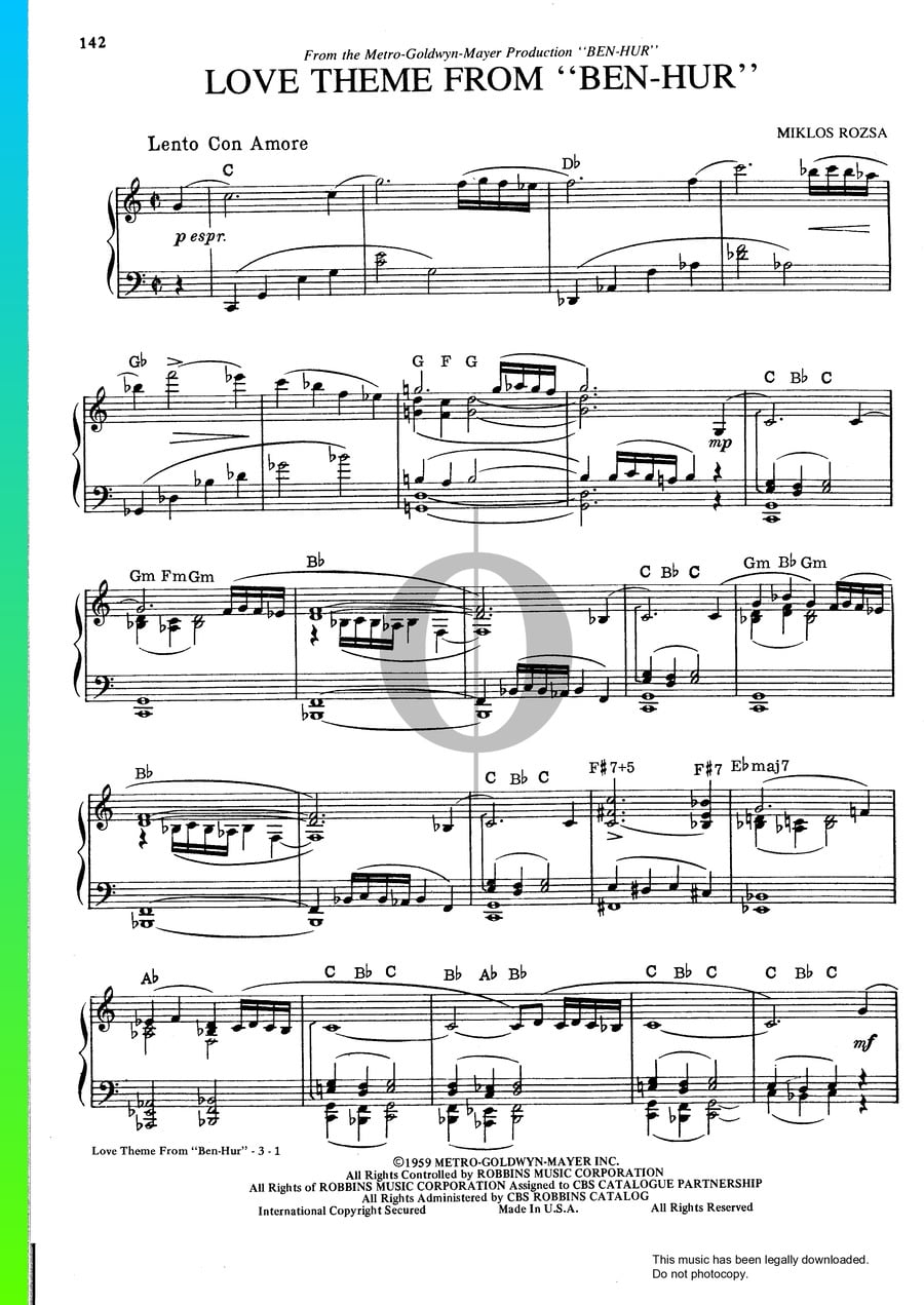 Love Theme (Ben Hur) Piano Sheet Music from Ben-Hur by Miklós Rózsa - OKTAV