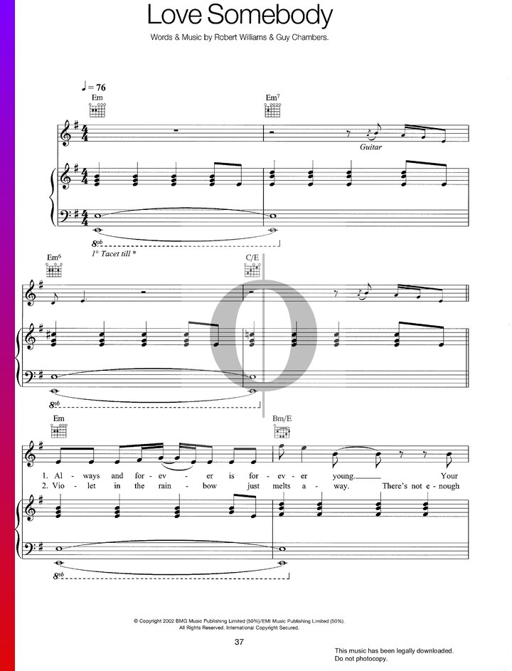 Love Somebody (Robbie Williams) Piano Sheet Music - OKTAV