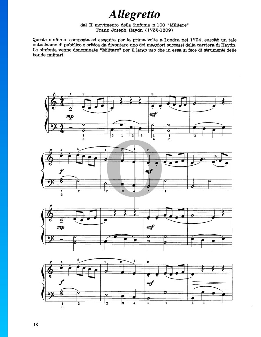 Symphonie en Sol majeur, n° 100 : 2. Allegretto » Franz Joseph Haydn - Partitions de piano - OKTAV
