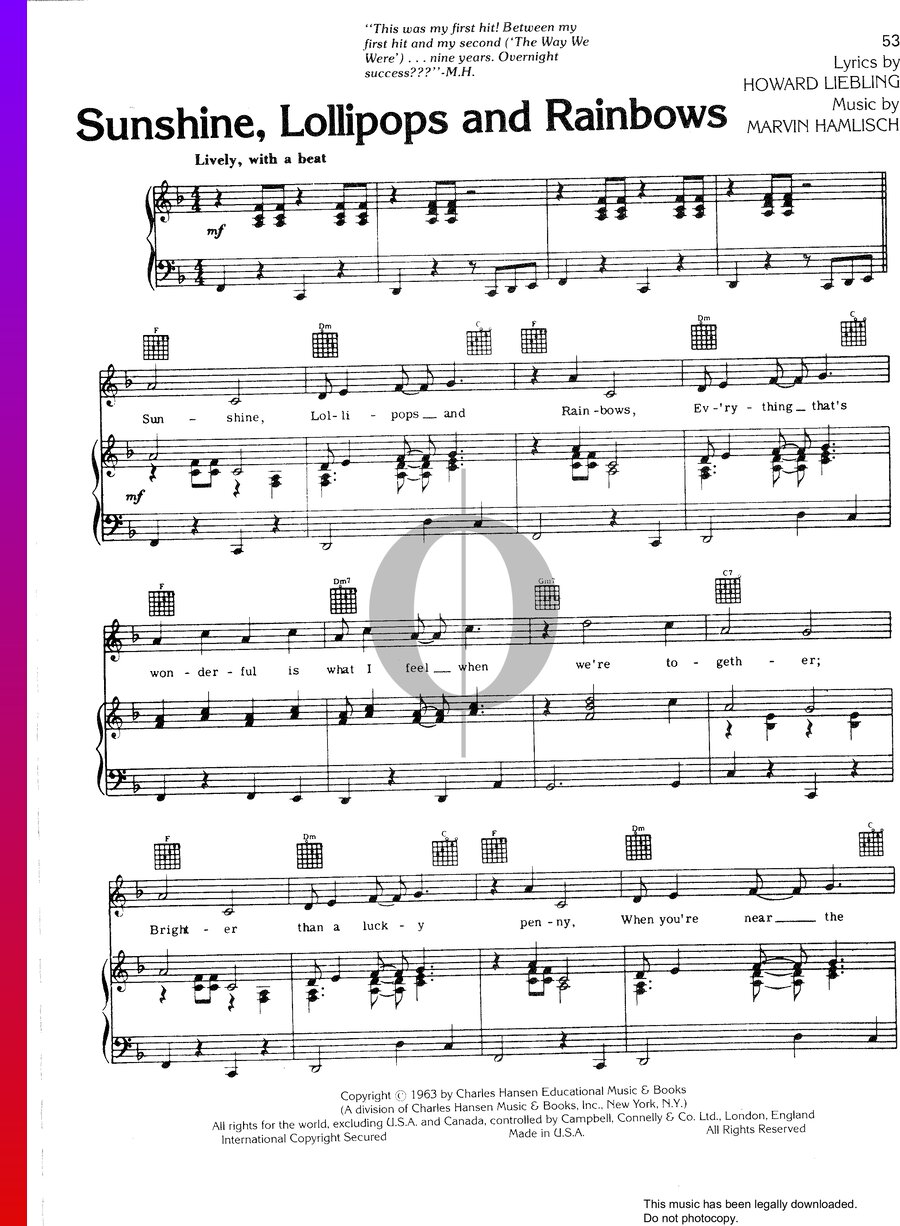 Sunshine, Lollipops And Rainbows (Marvin Hamlisch) Piano Sheet Music - OKTAV
