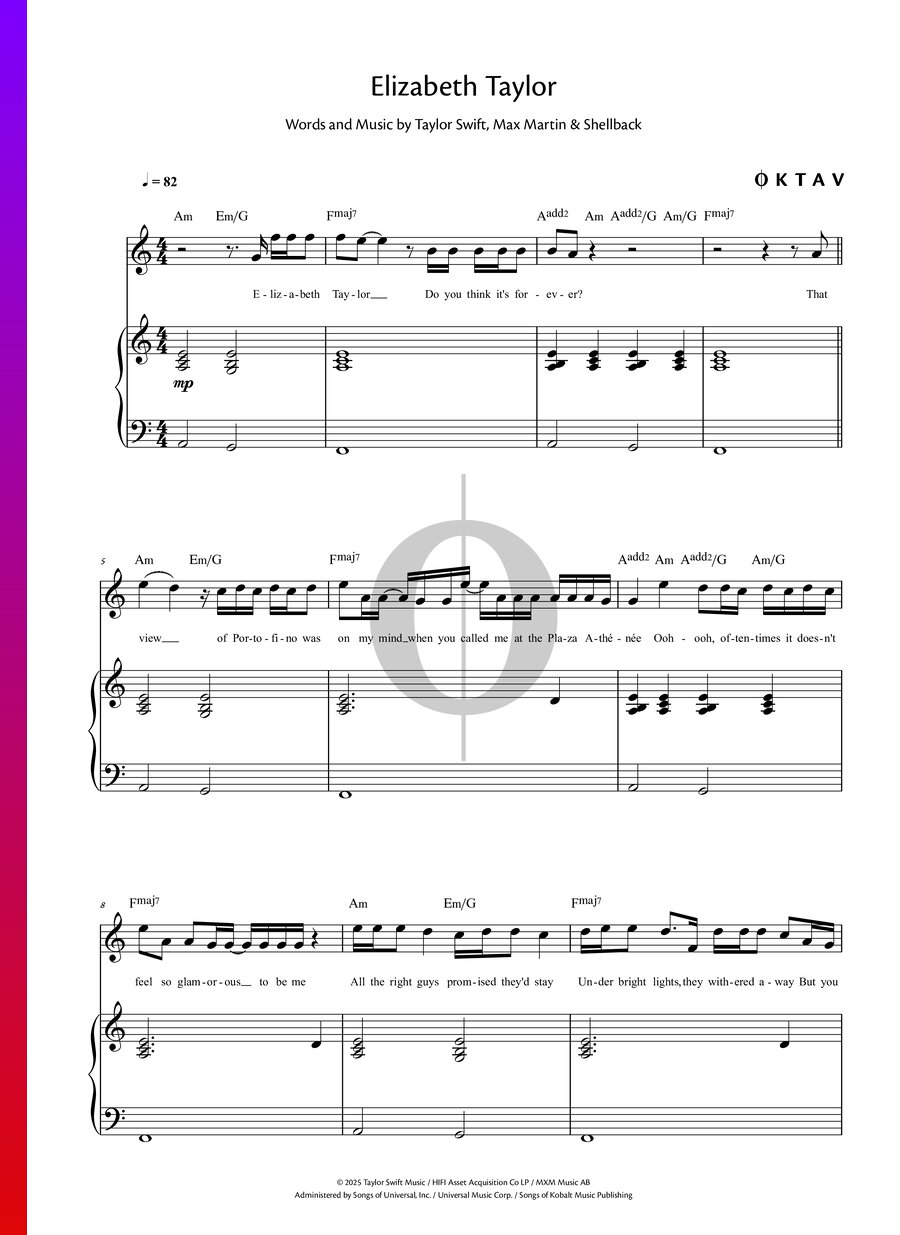 Elizabeth Taylor door Taylor Swift | piano bladmuziek (Piano, Stem, Gitaar) - OKTAV