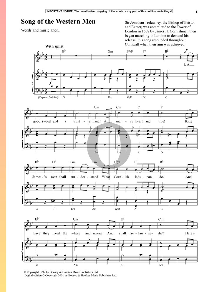 Song Of The Western Men (Anonymous) Piano Sheet Music - OKTAV