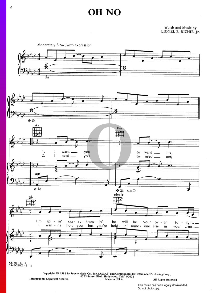 Oh No (Commodores) Piano Sheet Music - OKTAV
