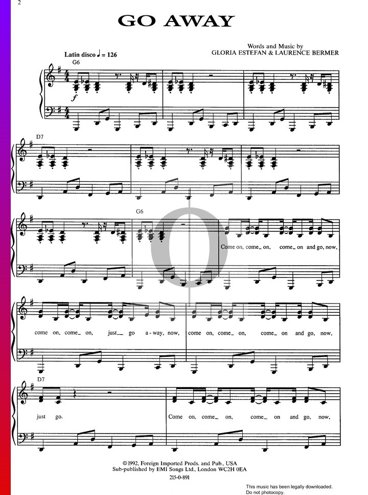 Go Away (Gloria Estefan) Piano Sheet Music - OKTAV