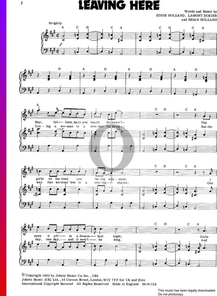 Leaving Here (Motörhead) Piano Sheet Music - OKTAV