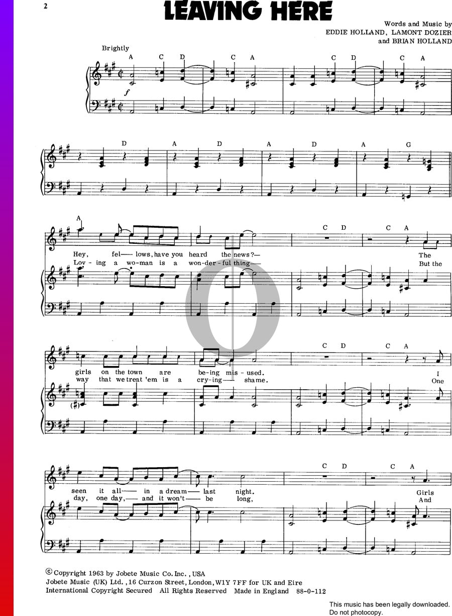 Leaving Here (Motörhead) Piano Sheet Music - OKTAV