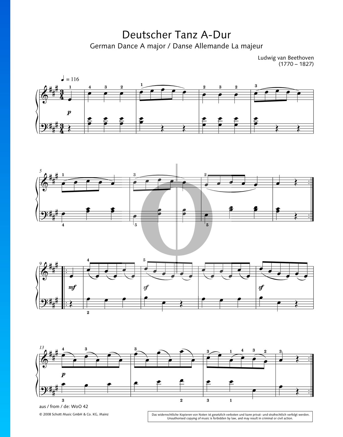 German Dance A Major, WoO 42 No. 4 (Ludwig van Beethoven) Piano Sheet ...